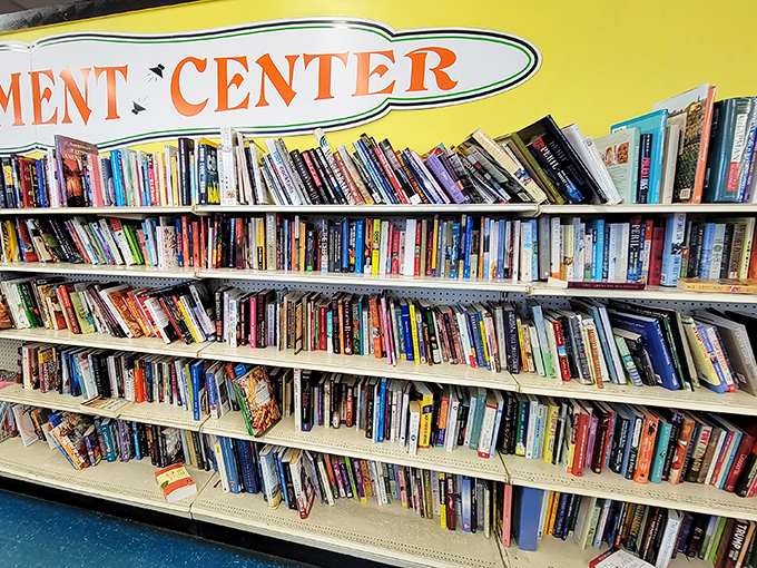 The book section that would make any library jealous. For less than the price of one new hardcover, you could walk out with an entire summer reading list.