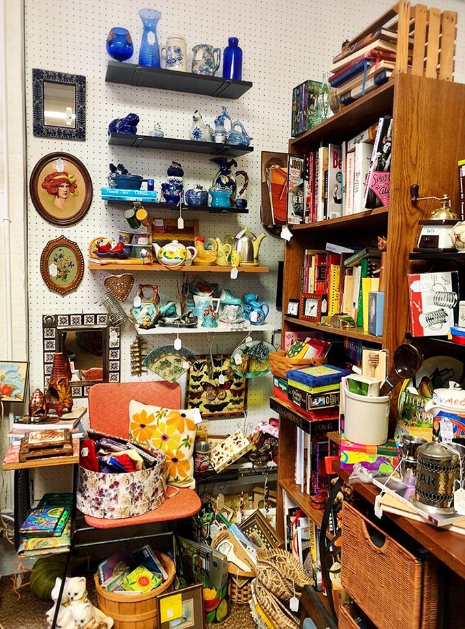 A collector's corner where organized chaos reigns supreme. Every shelf tells a different story, from blue glassware to vintage cookbooks.