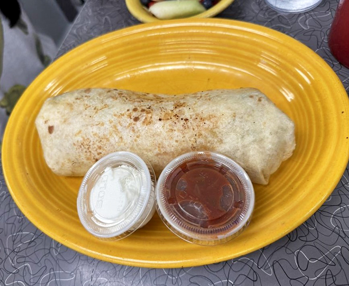 A breakfast burrito that's achieved perfect structural integrity despite being packed with enough fillings to feed a small nation. Engineering marvel meets morning hunger.