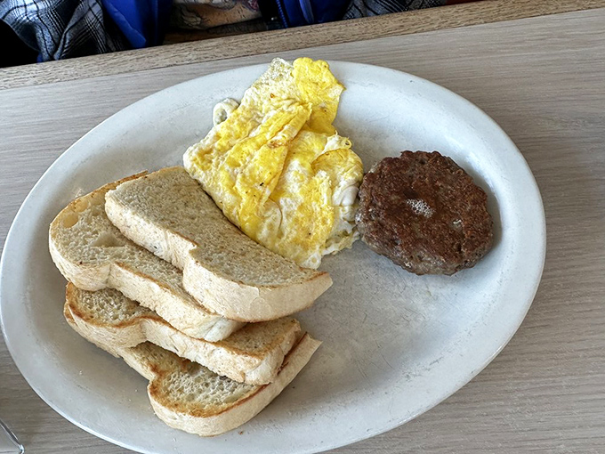 The breakfast trinity&mdash;eggs, meat, and toast&mdash;executed with the kind of straightforward competence that makes you wonder why you ever bothered with avocado toast.