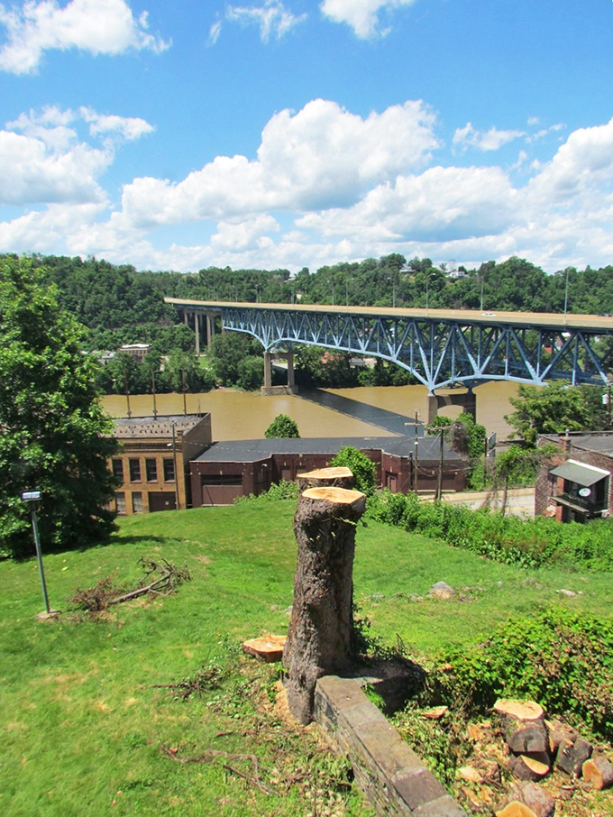 The modern bridge spans the Monongahela with practical elegance, connecting communities while framing postcard-worthy views of the valley.