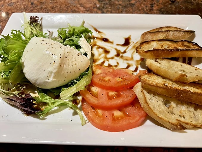 The Burrata plate arranges creamy cheese, ripe tomatoes, and toasted bread with such care, it feels like Italy sent Orlando a love letter.