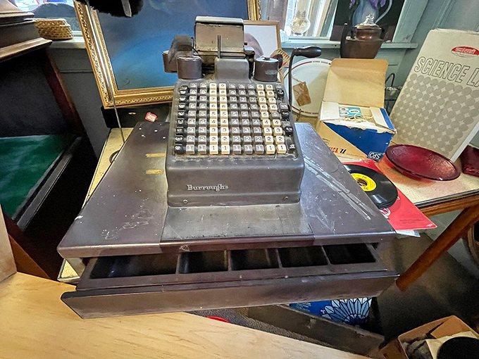 This Burroughs Adding Machine once calculated payrolls and balanced books long before Excel spreadsheets, when "computing" required mechanical precision and a strong finger.