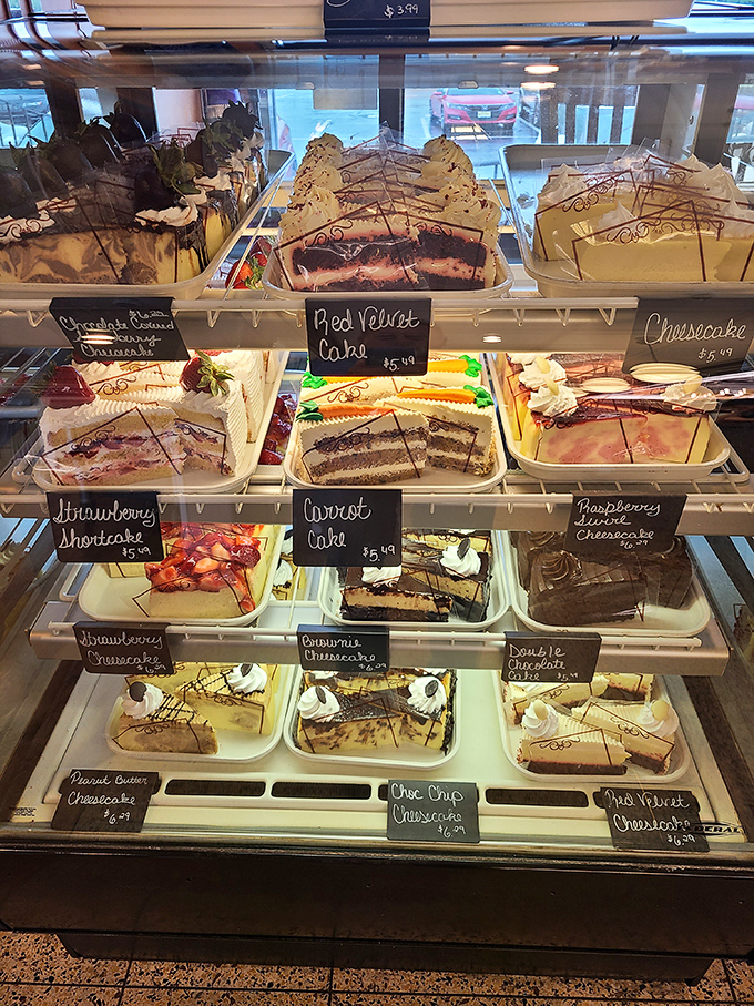 A dessert case that makes willpower completely irrelevant. Each slice is practically whispering your name as you pretend to "just look."