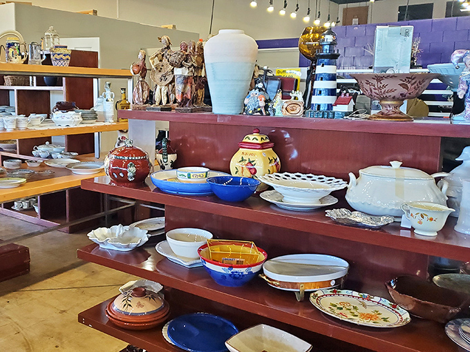 Ceramic heaven! From grandma-approved serving dishes to quirky conversation pieces, these shelves hold the ghosts of dinner parties past.