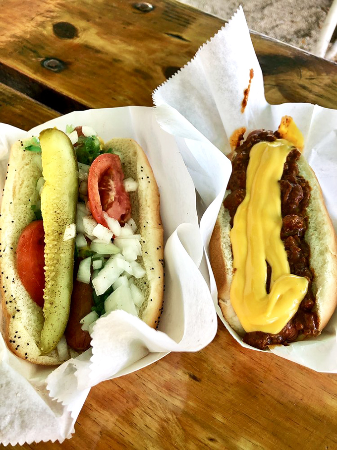 The dynamic duo: Chicago-style dog with its garden of toppings alongside a chili cheese masterpiece. It's not lunch, it's destiny.
