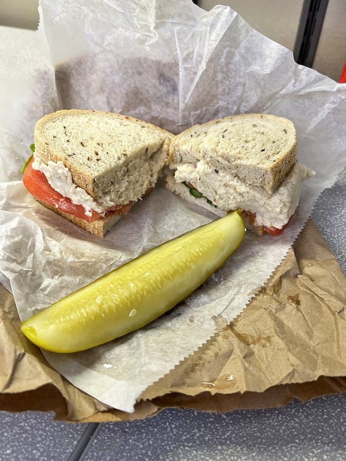Chicken salad that actually tastes like chicken&mdash;revolutionary concept! Paired with a pickle that means business.