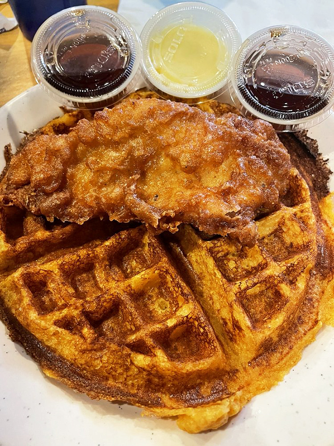 This chicken and waffle situation isn't just breakfast&mdash;it's an edible monument to the perfect marriage of sweet and savory.