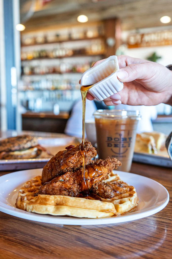 Chicken and waffles with honey drizzle&mdash;the breakfast-dinner mashup that makes you question why we even have meal categories.
