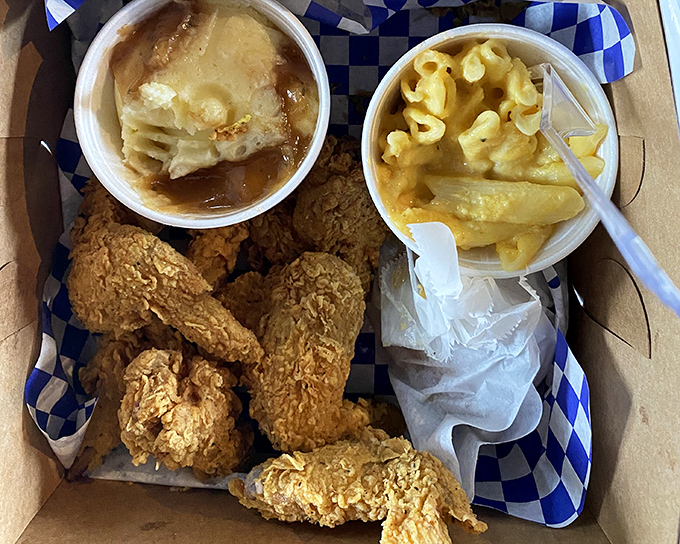 Chicken wings, mac and cheese, and what appears to be peach cobbler&mdash;the kind of meal that makes you want to hug the chef.