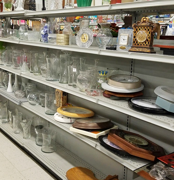 Tick-tock goes the ornate clock, surrounded by crystal vases waiting to hold your farmer's market flowers.
