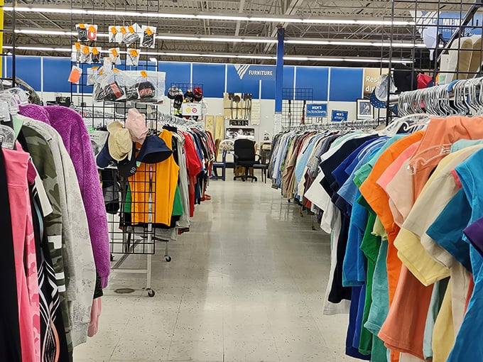 Color-coordinated clothing racks stretch endlessly, creating rainbows of secondhand fashion possibilities waiting to shine.