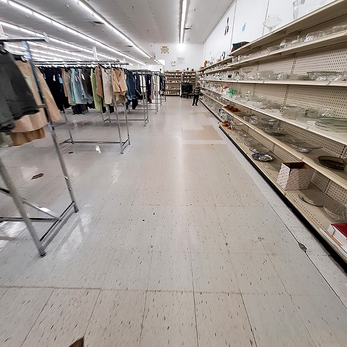 The perfect retail marriage: clothing on the left, glassware on the right, and the sweet possibility of finding both a sweater and serving platter.