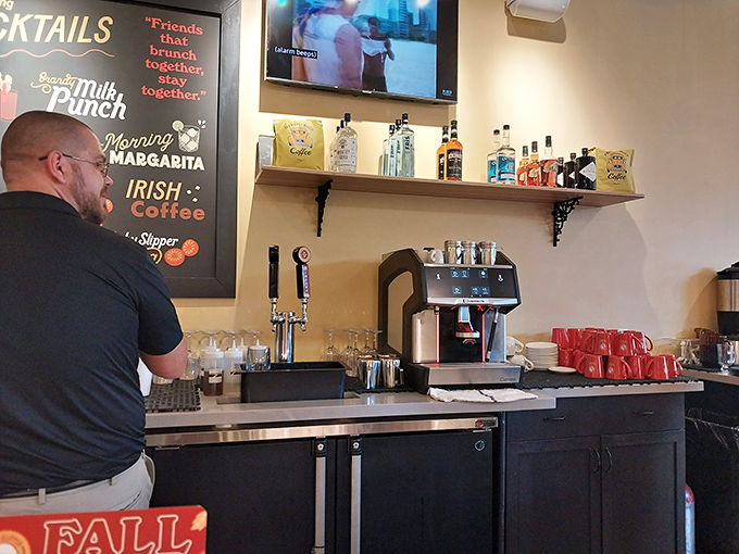 The bar area doubles as a morning chemistry lab where coffee and cocktails come together in perfect harmony. Science never tasted so good.