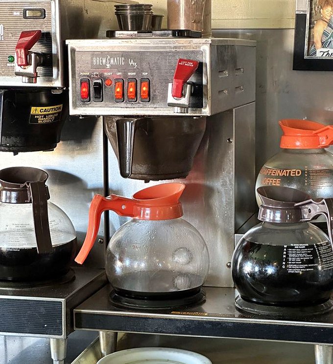 The coffee station &ndash; where the magic elixir that powers Oakland's mornings has been brewing for decades in those classic orange-handled pots.