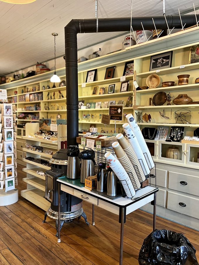 The coffee station stands ready like a faithful friend, promising that perfect cup to accompany your browsing or fuel your countryside adventures.