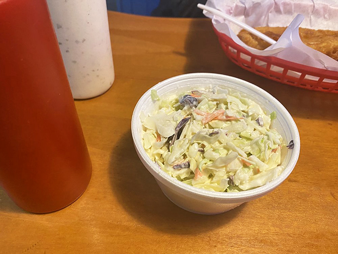Coleslaw that knows its role: adding a cool, creamy counterpoint to all that glorious fried goodness. The unsung hero of fish and chips.