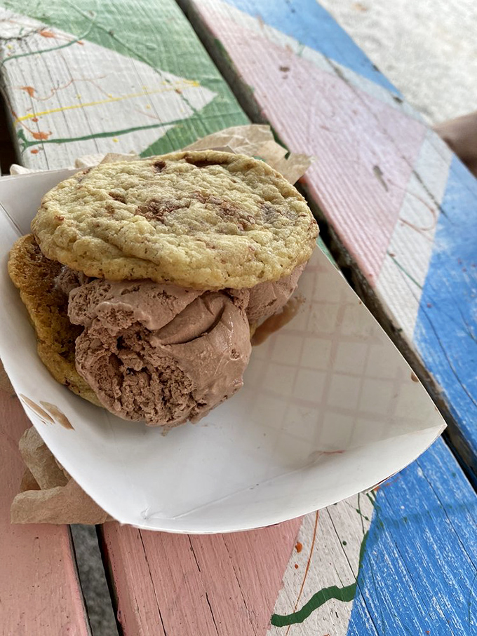 The ice cream sandwich elevated to masterpiece status. That homemade cookie isn't just holding ice cream&mdash;it's completing a relationship meant to be.