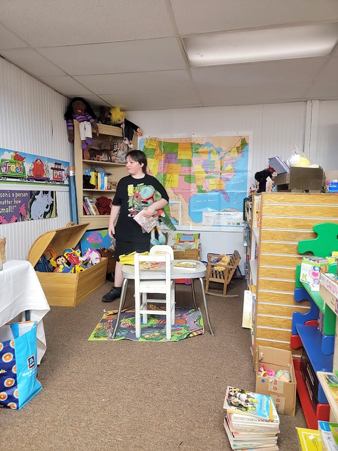 The children's section is a nostalgic playground where toys await second chances and stuffed animals hope for new hugs.