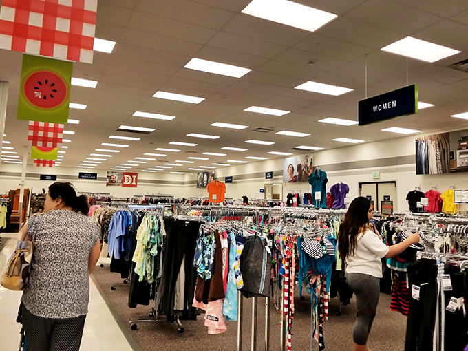 Treasure hunters in their natural habitat, scanning the wilderness of options beneath the cheerful summer-themed decorations.