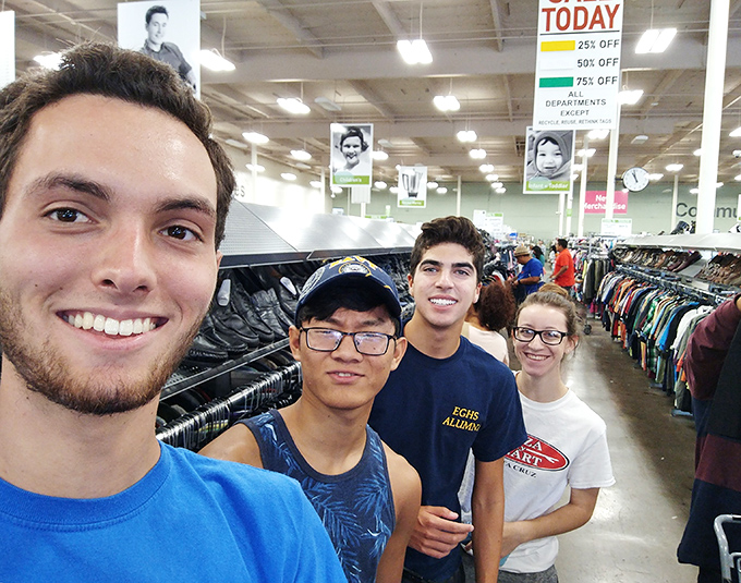 The true spirit of thrifting captured in one selfie&mdash;young adventurers embarking on a treasure hunt with more personality than any mall expedition.