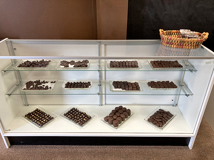 A treasure chest of cocoa creations awaits behind glass – like a museum where you're encouraged to eat the exhibits.