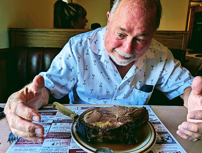 The look on this diner's face says everything words can't&mdash;prime rib epiphanies are real, and they're spectacular.