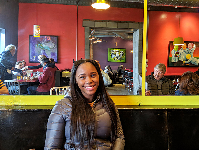 The best diners feel like community living rooms where food happens to be served. Note the whimsical art that says "we're serious about food, not ourselves."
