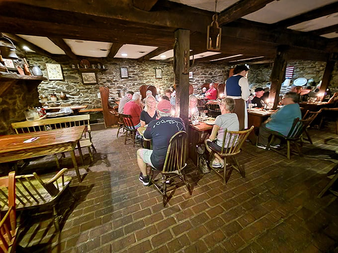 The tavern's brick floor and stone walls have hosted centuries of diners, though I suspect our ancestors weren't taking photos of their food.