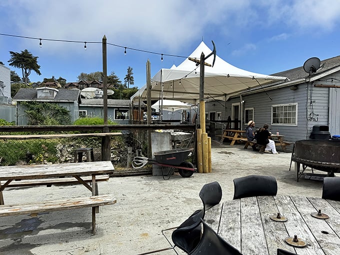 Outdoor dining with character to spare. White tents, weathered picnic tables, and the promise of seafood worth traveling for.