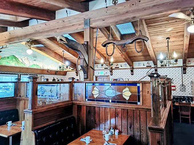 Rustic elegance with a side of nostalgia. Stained glass dividers and exposed beams create the perfect backdrop for maple-syrup-fueled vacation memories.