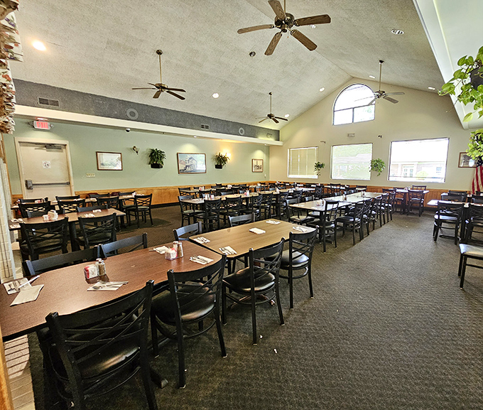The vaulted ceiling dining area offers a surprisingly airy atmosphere&mdash;who knew food comas could happen in such pleasant surroundings?