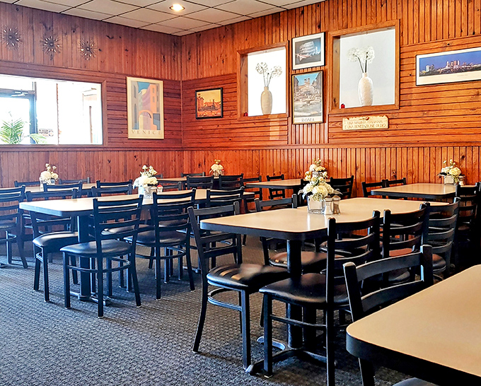 The dining room's wood-paneled charm feels like stepping into your Italian grandmother's house – even if you never had one.