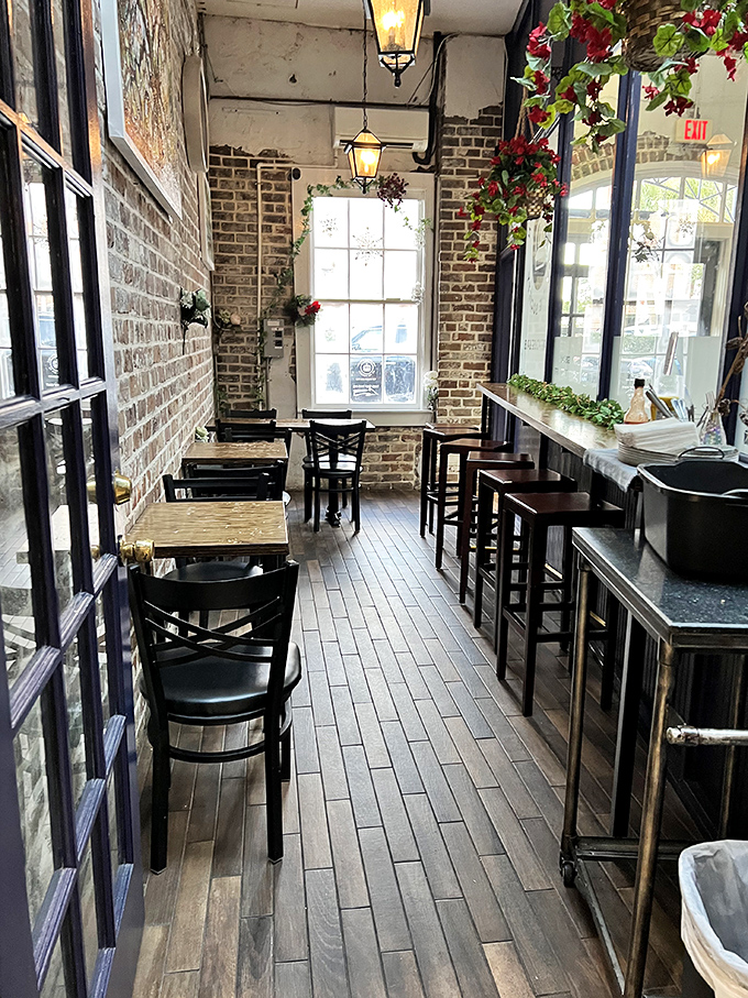 Exposed brick, wooden floors, and the promise of pastry &ndash; this narrow dining space feels like the secret passageway to flavor country.