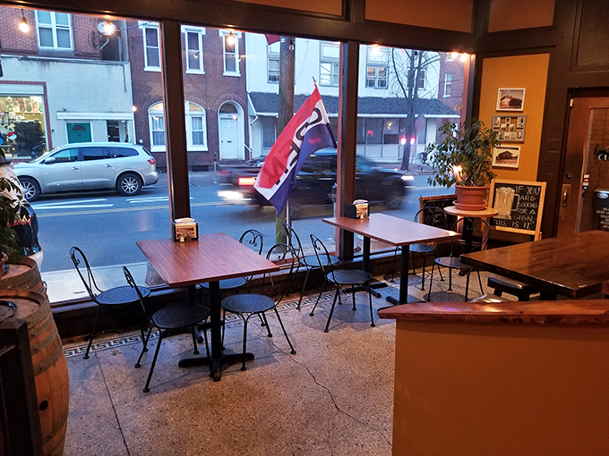 Front windows frame Boyertown's main street, creating that magical dining space where you're simultaneously part of the town and cozy in your own world.