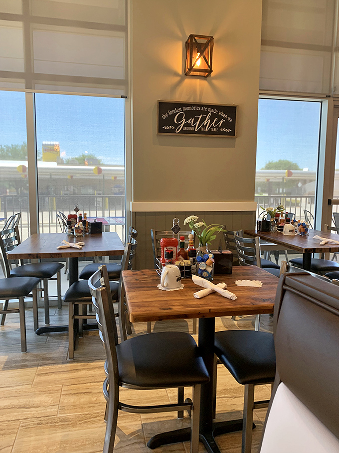 The sign says "gather," but what it really means is "come sit down and let us change your definition of breakfast forever."