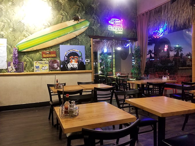 The dining area feels like your cool uncle's basement tiki bar &ndash; if your uncle were a surfing enthusiast with excellent taste in burgers.