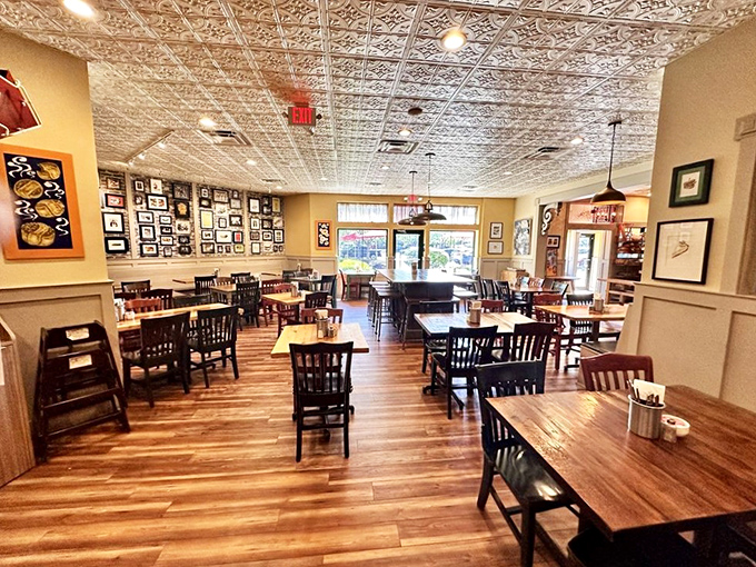 Empty tables waiting for the lunch rush like actors before curtain call. That ornate ceiling has witnessed countless food epiphanies.