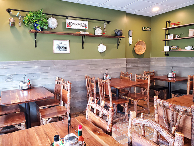 Green walls adorned with vintage kitchenware create that rare dining atmosphere&mdash;homey without trying too hard, like your favorite aunt's kitchen.