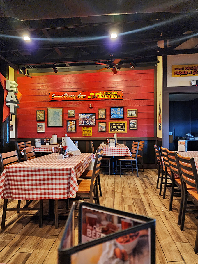 Red checkered tablecloths and fishing memorabilia create that "your cool uncle's cabin" atmosphere where comfort food feels most at home.