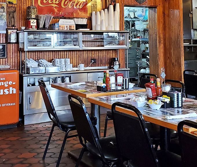 The counter service area &ndash; where coffee flows freely and the staff remembers your order before you've fully settled onto your stool.