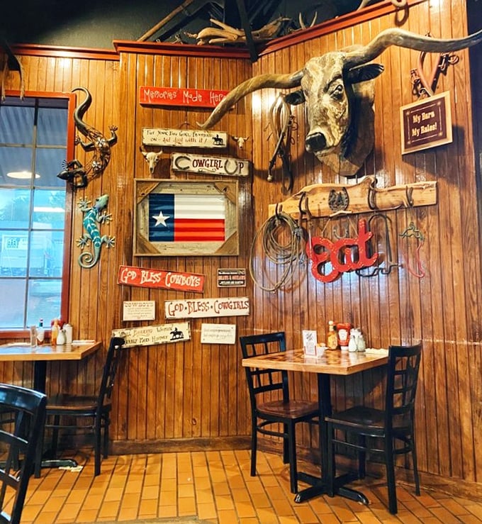 Wood-paneled walls, longhorn decorations, and enough Texas pride to fill the Alamo&mdash;this isn't just themed dining, it's a full immersion experience.