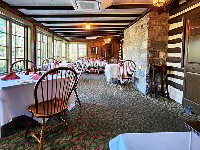 Colonial meets contemporary in this dining room where Windsor chairs and white tablecloths create an atmosphere of unpretentious elegance.