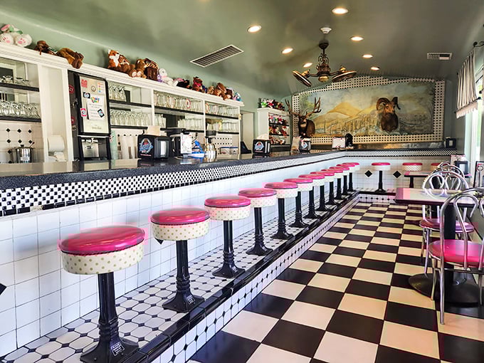 Those pink stools aren't just seating&mdash;they're front-row tickets to the greatest show in Bakersfield: the art of classic soda fountain service.