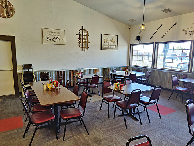 Red chairs invite weary travelers and hungry locals alike into a space where calories don't count and coffee refills flow freely.