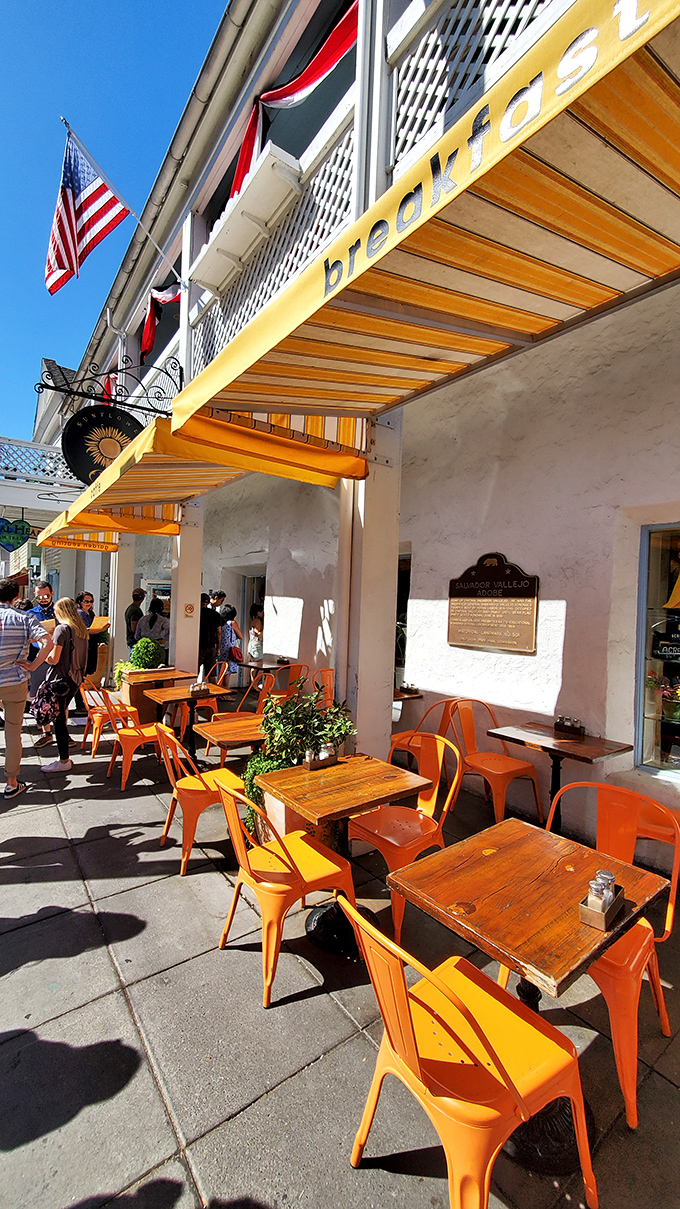 The outdoor seating area doesn't just offer tables&mdash;it offers front-row tickets to the charming street theater of Sonoma Plaza life.