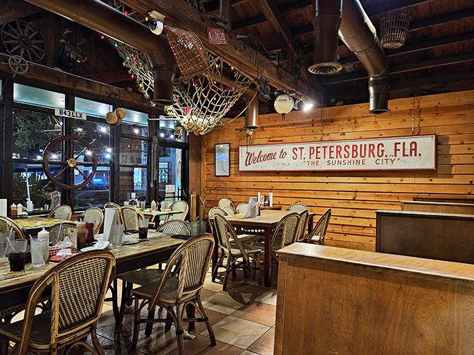Wooden walls, fishing nets, and that welcoming St. Petersburg sign create the perfect no-frills backdrop for serious seafood consumption. Nautical without trying too hard.