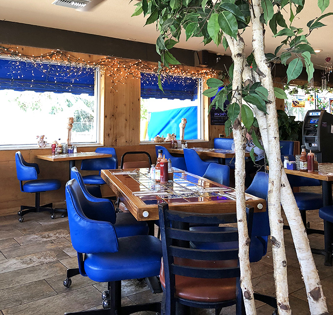 Indoor trees and string lights create that "grandma's house meets favorite local joint" vibe that makes you instantly comfortable.