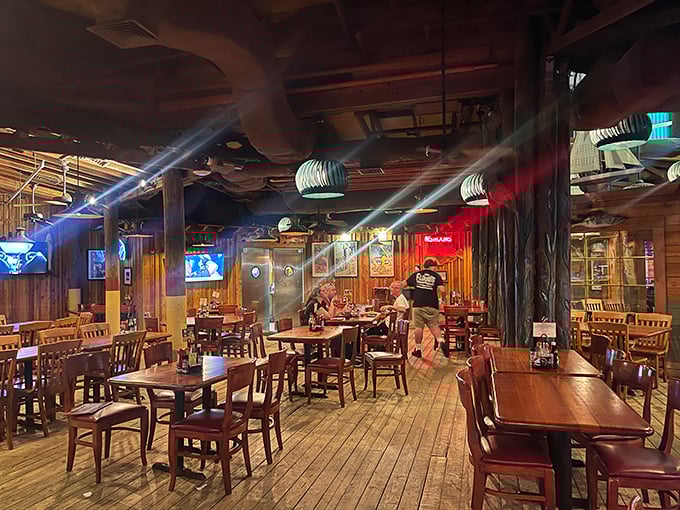 The dining room feels like the galley of a particularly welcoming fishing boat. Those wooden chairs have heard countless seafood stories.