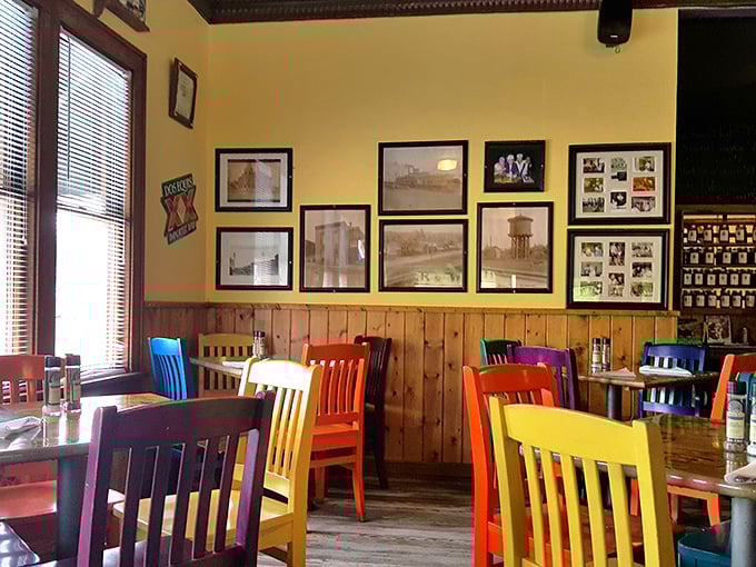 The dining room's rainbow of chairs invites you to sit a spell and forget about counting calories.